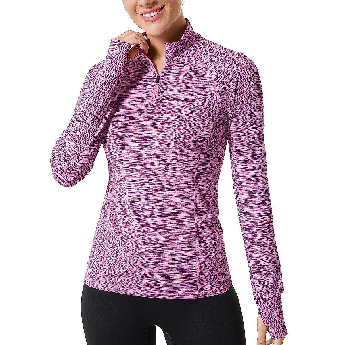 Zengjo Long Sleeve Running Shirts Women Half Zip with Thumb Holes(Marled Pink,M)