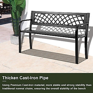 45.5in Outdoor Patio Garden Bench Mesh Pattern Loveseat,Cast Iron Heavy Duty Front Porch Chair w/Steel Frame- Easy Assembly Rust Free for Park Yard Backyard Lawn Pool Decor Deck Furniture- Black