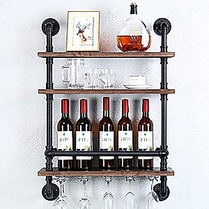 Industrial Hanging Wine Glass Rack Wall Mounted,24in Pipe Shelf Wine Rack with 5 Glass Holder,Rustic Wine Glass Holder Stemware Racks,Pipe Shelving Wood Shelves Floating Wine Glass Shelf