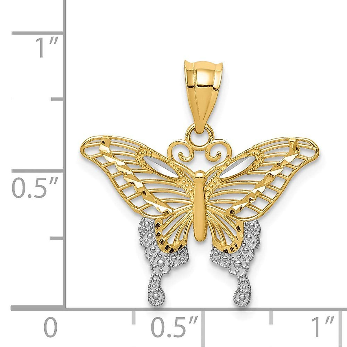 Solid 14k Yellow Gold Two Toned Diamond-cut Butterfly Pendant Charm - 17mm x 22mm