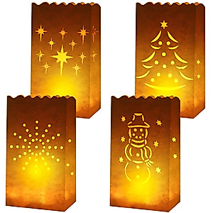 Aneco 40 Pieces Paper Luminary Bags White Candle Bags Flame Resistant Lantern Bags Tealight Luminaries 4 Designs with Tree, Stars, Sunburst, Snowman for Christmas, Party Decoration