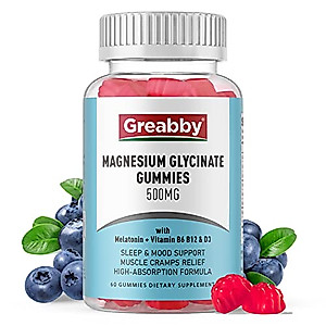 Magnesium Glycinate 500mg Gummies with Melatonin, Vitamin B6, B12 & D3, Calm Sleep Supplement Magnesium Chewable Gummies for Women & Men, Muscle Relief & Mood Support, Vegan, Organic (60 Gummies)