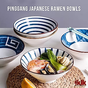Set of 4 Ceramic Japanese Style Ramen Bowls with Chopsticks and Spoons Large Serving Bowl Set for Ramen, Udon Noodles, Miso Soup, Salad, Rice, Pho Home Dinnerwa