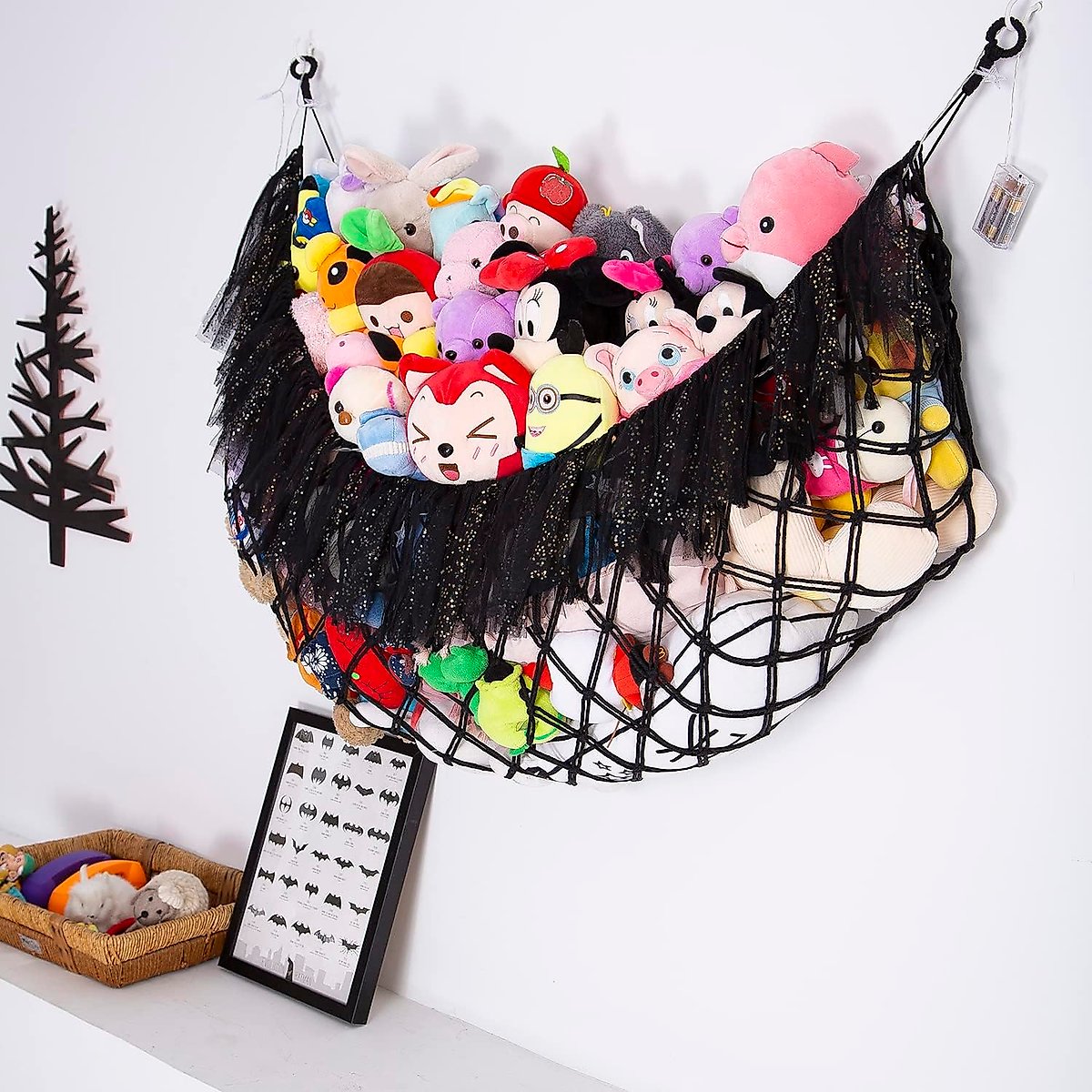 Large Stuffed Animal Hammock with Light Wall Mounted- Squishmallow Hammock Plushies Net Stuff Toy Organizer Boho Macrame Toy Hammock Corner Hanging Net for Nursery Storage Bedroom Playroom Decor-Black