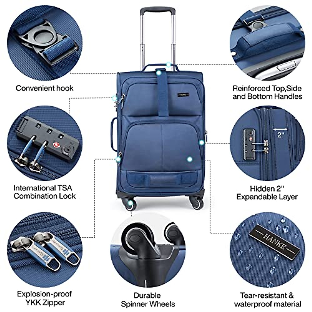 Hanke 24 Inch Softside Expandable Luggage Checked luggage Large Suitcase with Lock Travel Luggage Suitcases with Wheels Upright Rolling Luggage for Women Men Weekender