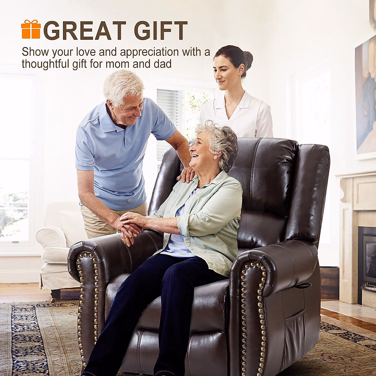 CDCASA Dual Motor Lay Flat Lift Chairs Recliners for Elderly with Massage and Heat, Breathable Leather Infinite Position Large Sleeping Electric Power Lift Chair Recliner for Seniors, Brown