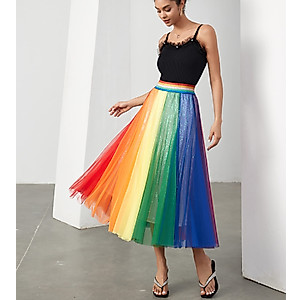 Dwirapal Sequin Long Tulle Skirt 4 Layered Flowy Fairy Sparkle Party Mesh Tea Length Big Hem Skirts for Women