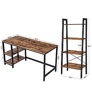 VASAGLE Computer Desk and 4-Tier Storage Shelf Bundle, 55 Inch Writing Desk with 2 Storage Shelves, Ladder Shelf with X-Bar, Steel Frame, Rustic Brown and Black ULWD55X and ULLS44X