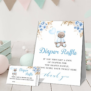 JCVUK Baby Shower Games, 1 Diaper Raffle Standing Sign with 50 Diaper Raffle Tickets,Purple Bear Theme Babyshower Party Decorations and Supplies For Boys or Girls(LBLK-B02)
