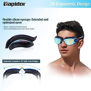 Rapidor Swim Goggles for Men Women Teens, Anti-Fog UV-Protection Leak-Proof, RP905 Series Multiple Choices (Black- Mirrored Lenses)