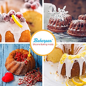 Bakerpan Silicone Small Fluted Cake Pan, 4 3/4 Inch Mini Tube Cake Baking Mold, Fancy Fluted Dessert Mold, Tube Cake Mold for Baking - Set of 2