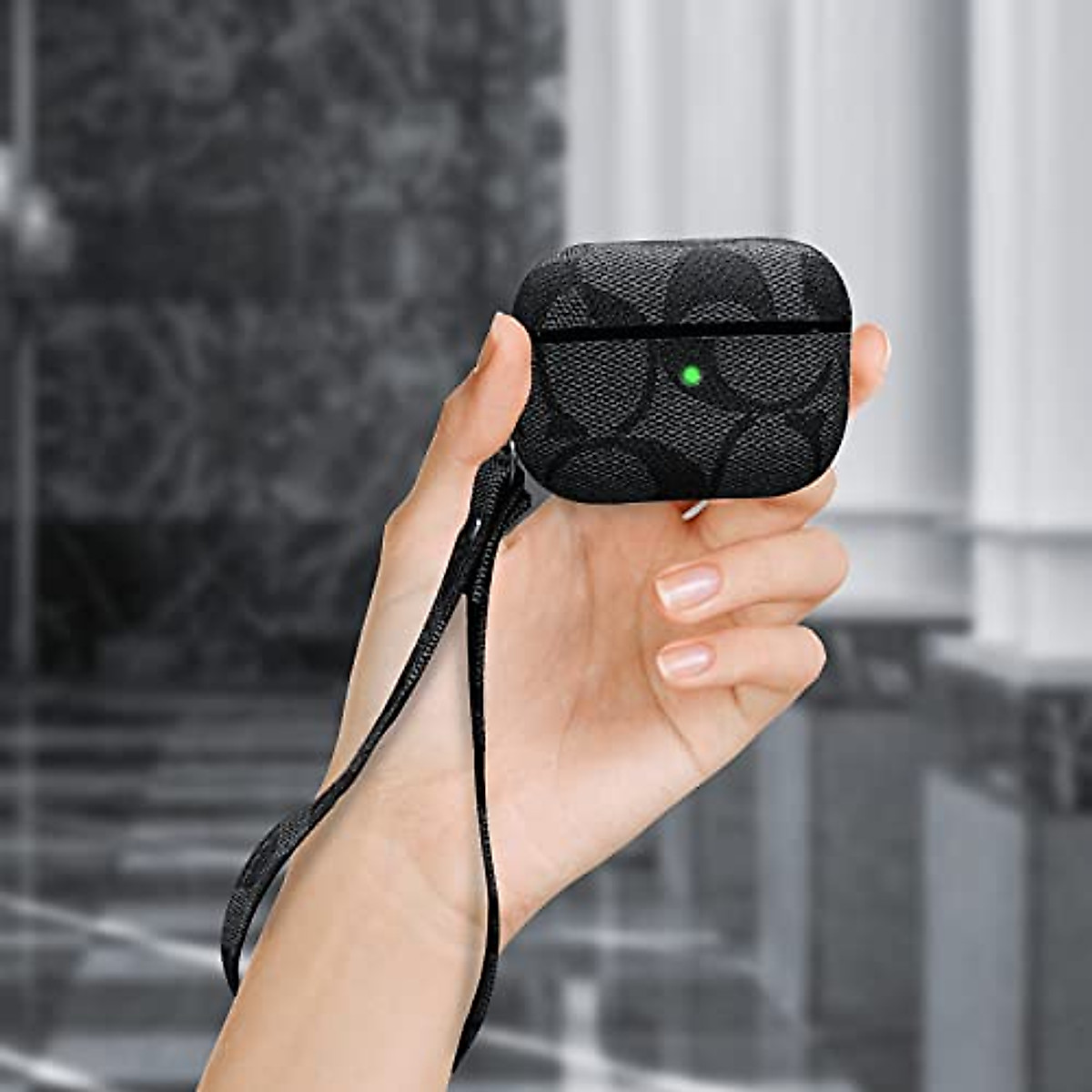 MOLOVA Case for Airpods Pro,Luxury Stylish PU Ultra Slim & Thin Soft TPU Anti-Slip Scratch Resistant Drop Proof Full Cover Case with Keychain/Lanyard//Ear Hook/Watch Band Holder/Anti-Lost Strap,Black