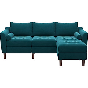 Belffin Reversible Sectional Sofa Couch Mid-Century Modern Velvet L Shaped Sofa 3-Seat Sofa Sectional with Reversible Chaise Foot Rest for Apartment and Small Space Peacock Blue