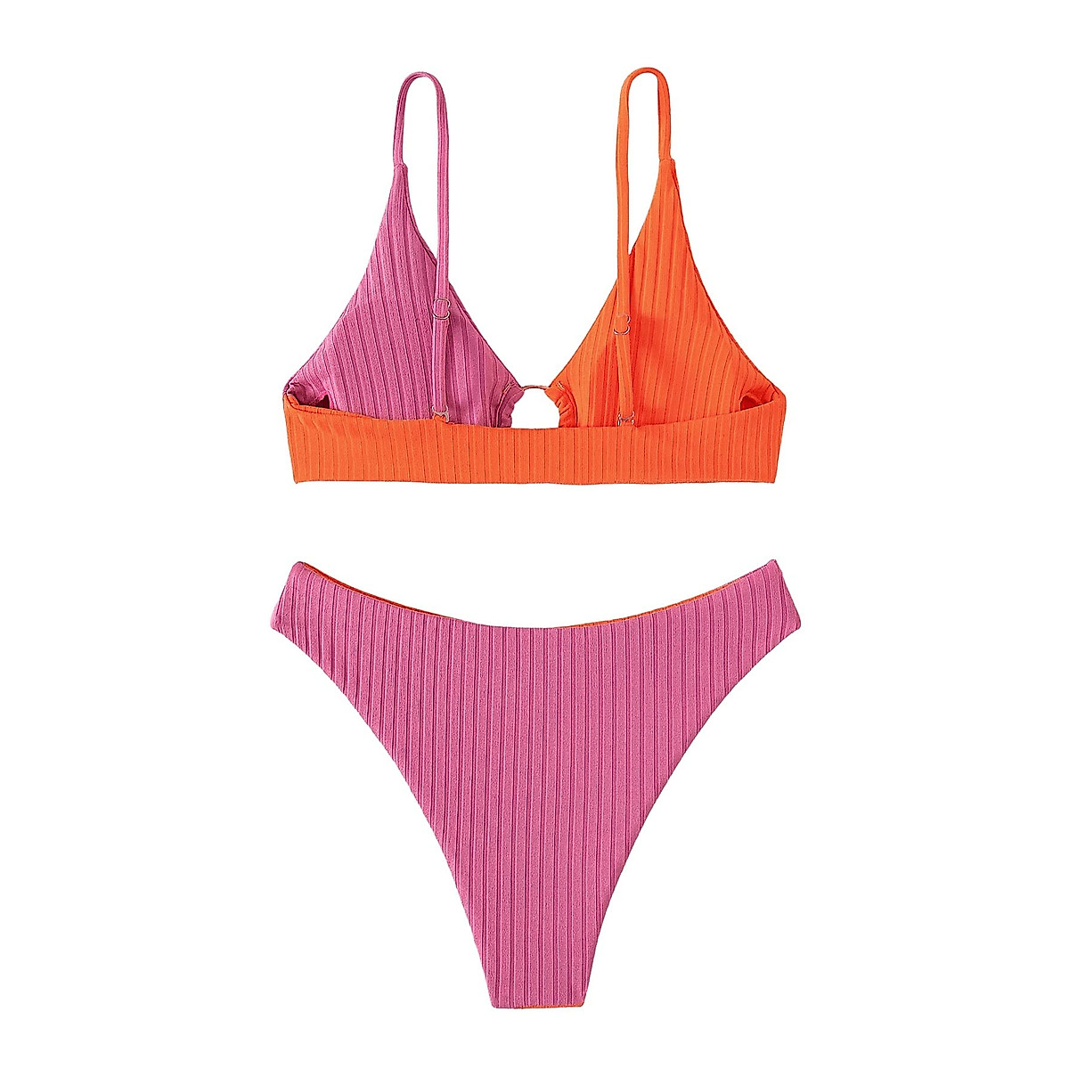 SOLY HUX Women's Sexy Bikini Set Color Block Ring Linked Bathing Suits 2 Piece Swimsuit Orange and Pink S