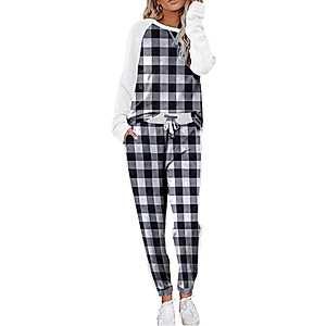 Ekouaer Women's Pajama Set Long Sleeve PJs 2 Piece Outfit Pullover Sleepwear Sweatshirt and Long Pants With Pockets Black White Plaid M