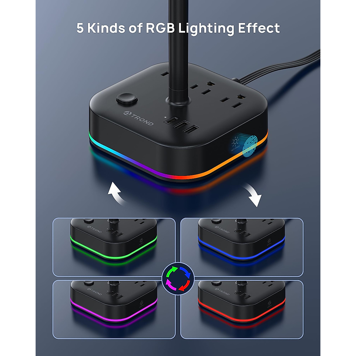 TROND Headphone Stand with USB C, Desk Gaming Headset Holder with 3 AC Outlets, 2 USB A and 1 USB C, Headset Stand with 5 RGB Light Modes, for Gaming Desk Accessories Gamer Boyfriend Gifts