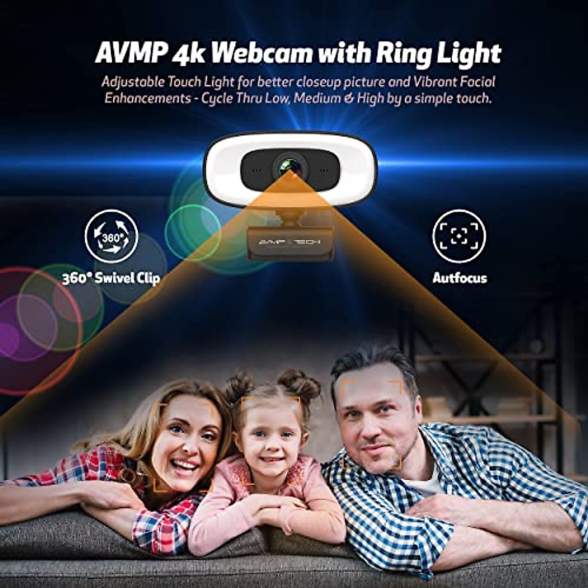 AVMPTECH 4K Webcam with Light & Microphone Autofocus USB Web cam w. Microphone Wide Angle Webcam for Desktop HD Streaming Camera for Computer Webcam Light usbc Privacy Cover & Webcam Tripod Webcam