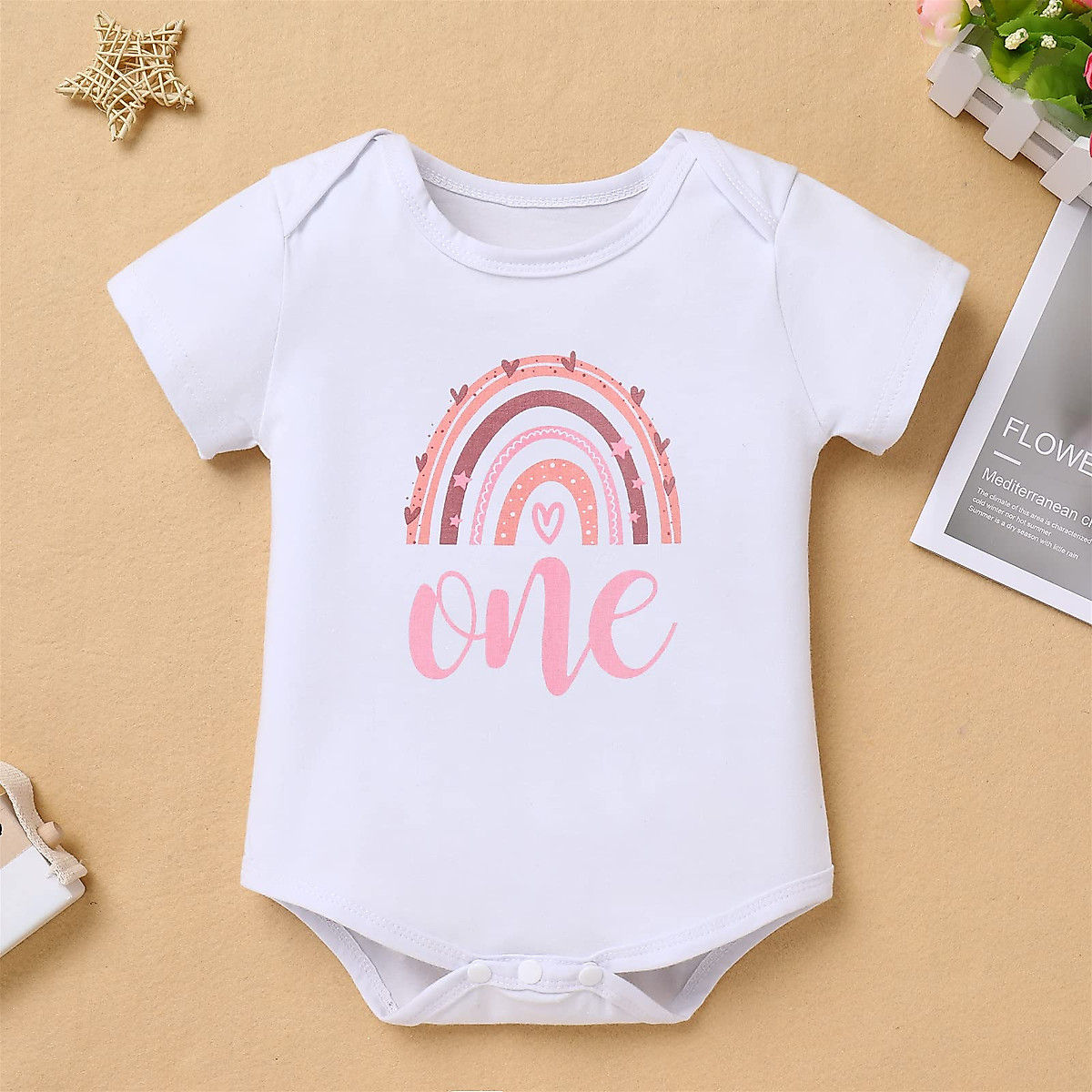 Baby Boho Rainbow 1st Birthday Outfit Toddler Girl Cake Smash Romper Tutu Skirt with Diaper Covers Flower Headband Photo Shoot Hippie Bohemian Themed First Birthday Party Supply One 1 Year Dusty Pink