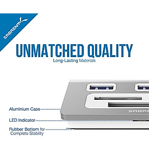 SABRENT Premium 3 Port Aluminum USB 3.0 Hub with Multi-in-1 Card Reader (12" Cable) for iMac, All MacBooks, Mac Mini, or Any PC (HB-MACR)
