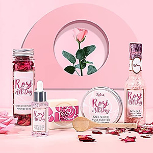 BFF LOVE 6Pcs Spa Gifts for Women, Bath Gift Set, Rose Gift Baskets for Women, Spa Kit with Essential Rose Oil, Bath Salt, Soap, Natural Petals, Mothers Day Gifts for Her
