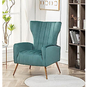 Container Furniture Direct Armchair Modern Velvet Accent Chair, Channel Tufted Bedroom, Office or Living Room Furniture with Elegant Metal Legs, Teal