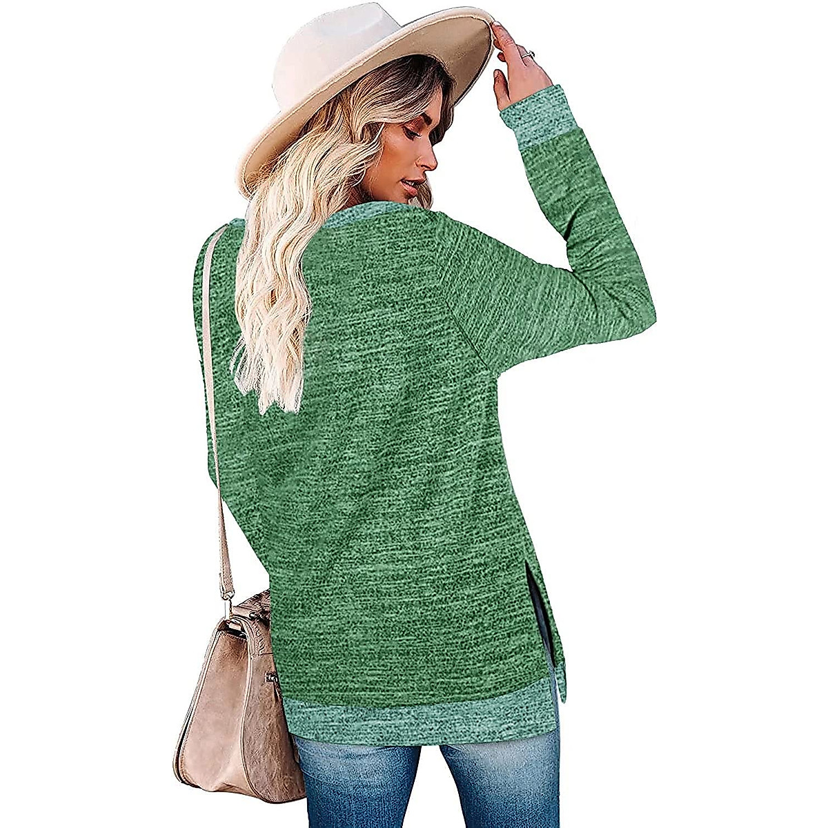 WELINCO Women's Long Sleeve Sweatshirts Color Block Crewneck Sweaters Tunic Tops(Green X-Large)