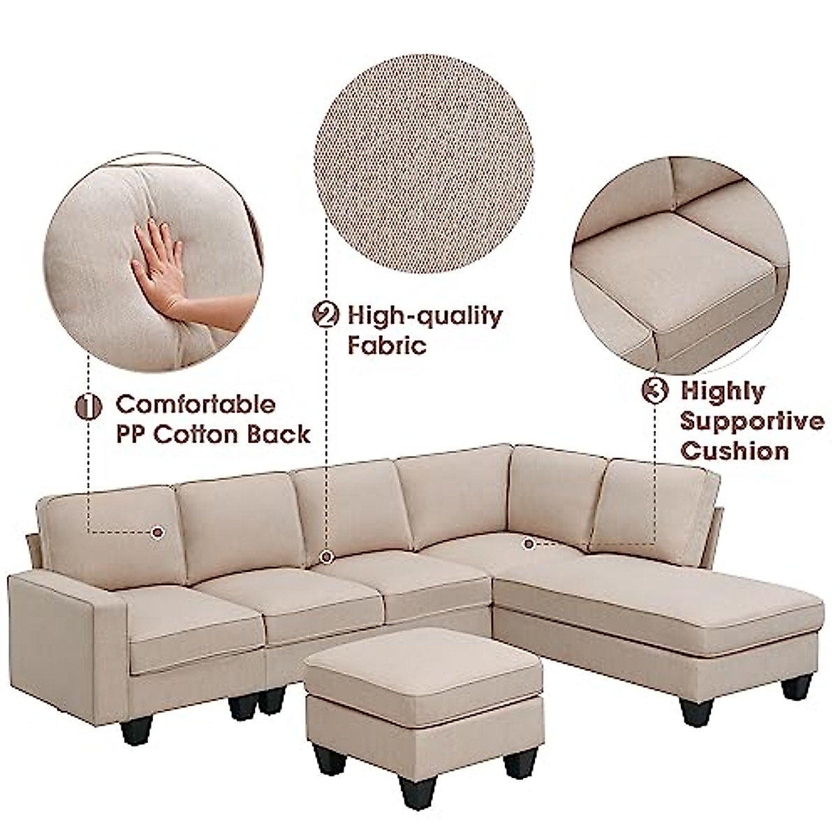 Lifeand 104.378, 7-seat Linen Fabric Couch Set with Chaise Lounge and Convertible Ottoman for Living Room,Apartment,Office Modern L-Shaped Sectional Sofa, Khaki