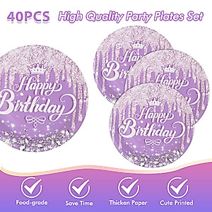 Juhap 80 Pieces Purple Birthday Tableware Set for Happy Birthday Table Decorations Purple Theme Birthday Dessert Plates Napkins Forks for 20 Guests Girls Women Silver Glitter Birthday Party Supplies