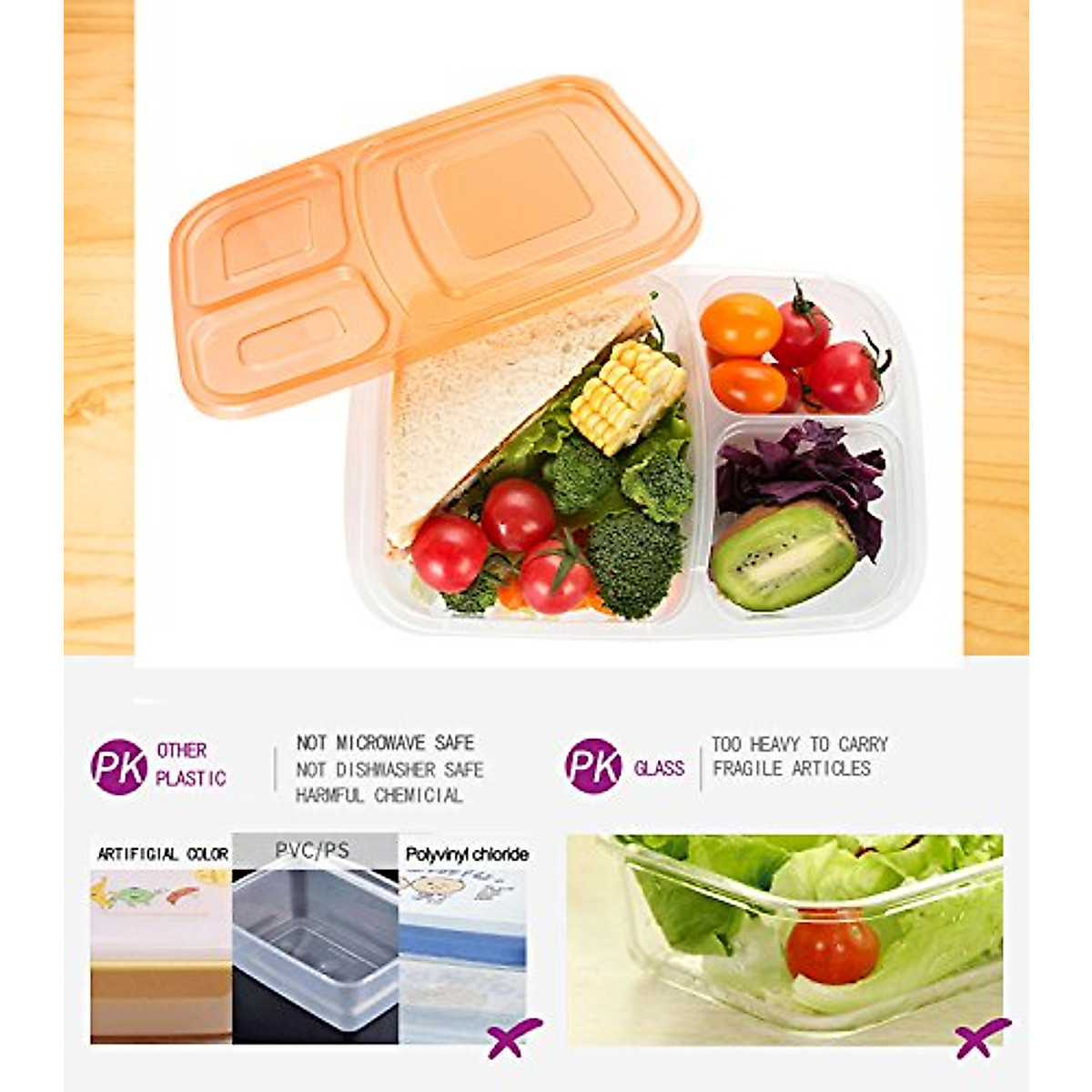 Meal Prep Containers 3 Compartment Food Storage Containers Microwave Dishwasher Freezer Safe (Color mixing, 7 /10PACK (3compartment))