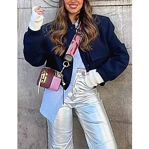 Megfie Womens Cropped Bomber Jacket Button Down Varsity Jackets Shackets With Pockets(0394-DarkBlue-M)