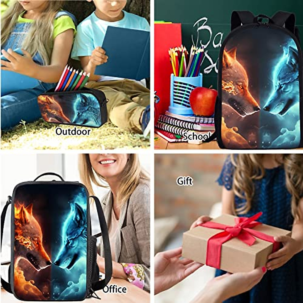 DMOYALA Ice and Fire Wolf Backpack for Women Girls Aesthetic Big Backpack Purse with Front Pocket Laptop Backpack for High School Students Insulated Lunch Bag Small Pencil Bag for Students