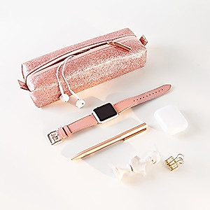 Comfyable Small Cosmetic Bag for Rectangular Makeup Bag Waterproof Glitter Cute Toiletry Pouch Rose Gold Sparkly Shiny Pink