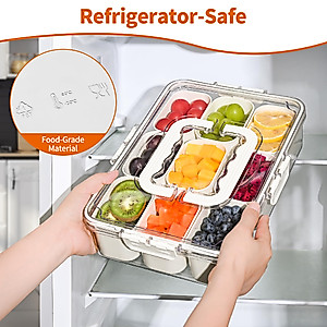 EUGRSHL Divided Serving Tray with Lid and Handle, Fresh Food Storage Container Organizer for Fruits, Vegetables, Salads, Meal Prep (White)