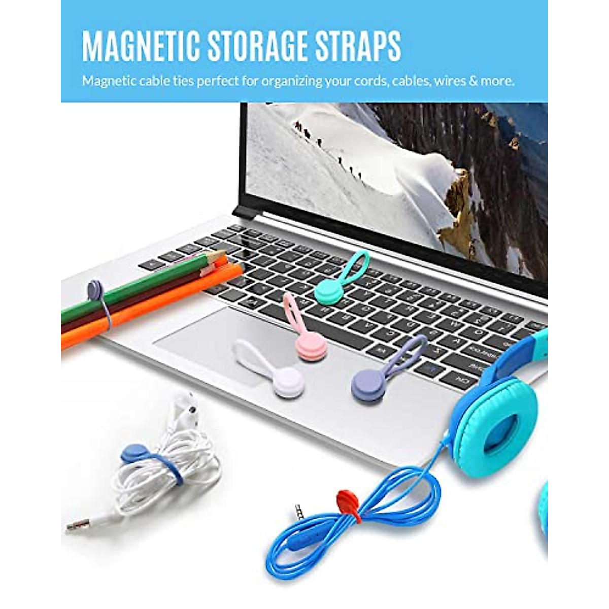 Magnetic Cable Ties 10 PCS Reusable Cable Organizers Earbuds Cords USB Cable Manager Keeper Wrap Ties Straps Bookmark Clips Whiteboard Noticeboard Fridge Magnets for Office, School, Home Organization