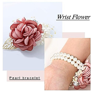 Fstrend Wedding Bridal Corsage Bridesmaid Pearl Leaf Wrist Flower Party Prom Hand Flower Crystal Bride Wedding Accessories for Women and Girls (Pink)