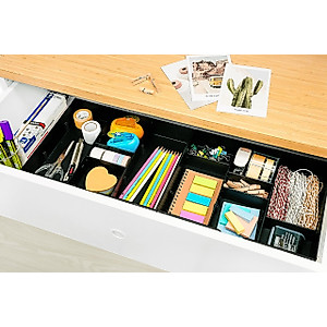 CAXXA 3 Slot Drawer Organizer with Two Adjustable Dividers - Junk Drawer Storage for Office Desk Supplies and Accessories, Black (1 Pack)