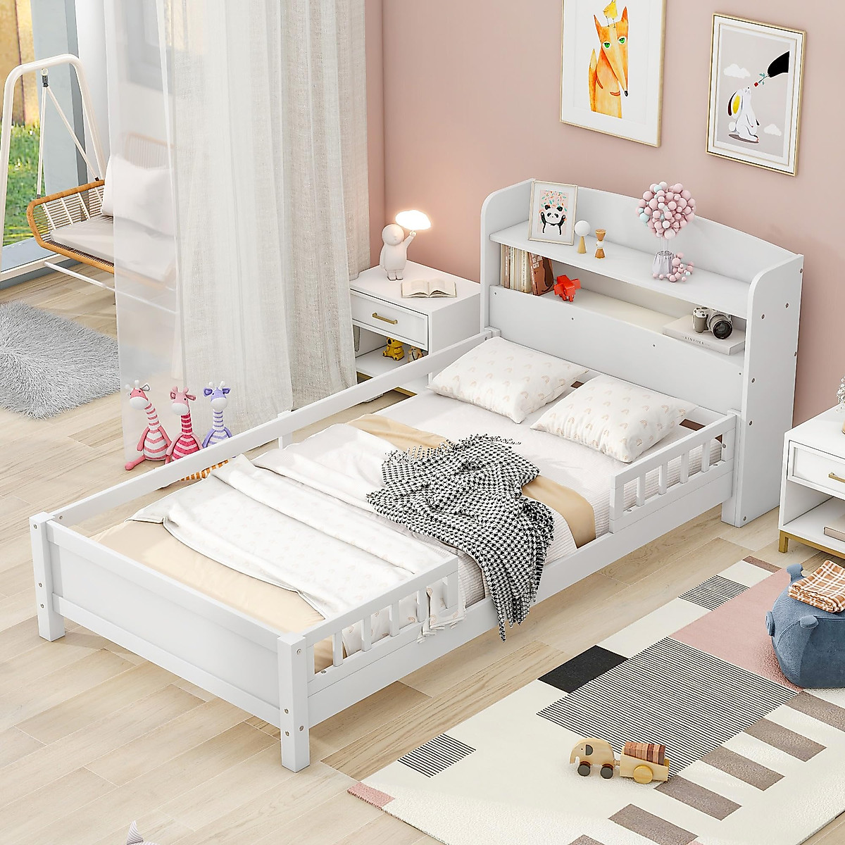 Harper & Bright Designs Kids Twin Bed with Storage Headboard and Guardrail, Wood Twin Platform Bed Frame with Built-in LED Light, for Girls Boys (Twin Size, White)