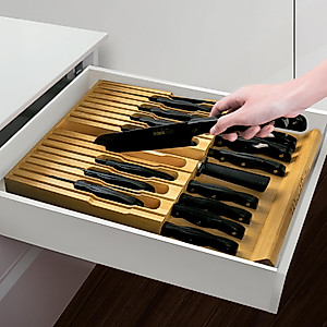 Woodfinity Bamboo Knife Drawer Organizer, Knife Drawer Organizer Insert, Kitchen Drawer Knife Holder for 12 Knives and and 1 Sharpening Steel (Without Knives)