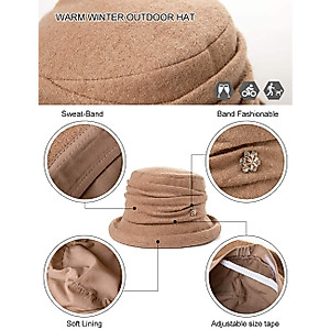 Comhats Winter Cloche Bucket Hat for Women Wool Elegant Dress 1920s Vintage Fedora Bowler Church Derby Party Ladies Medium Black