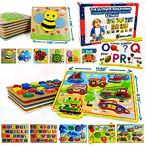 12 Pack Premium Chunky Wooden Puzzles for Toddlers Ages 2-4 - Toddler Learning Toys for Boys & Girls - Alphabet, Numbers, Fruits, Sea Life, Vehicles, Animals - Jigsaw Peg Puzzles for Kids - Value Set