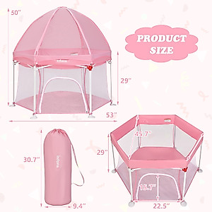 INFANS Baby Playpen with Removable Mesh & UV Canopy, 53" Portable Playhouse with Carry Bag, Dome, Padded Floor, Easy Folding Playard Activity Center (Light Pink)