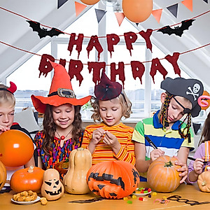 Red Glittery Happy Birthday Halloween Banner - Halloween Hanging Paper Garland Bunting Banner Bloody Bat Vampire Decorations, Photo Backdrop for Wall Home Mantle Office Wall Scary Party Supplies