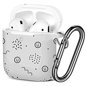 [ Compatible with AirPods 2 and 1 ] Shockproof Soft TPU Gel Case Cover with Keychain Carabiner for Apple AirPods (Smiley Face)