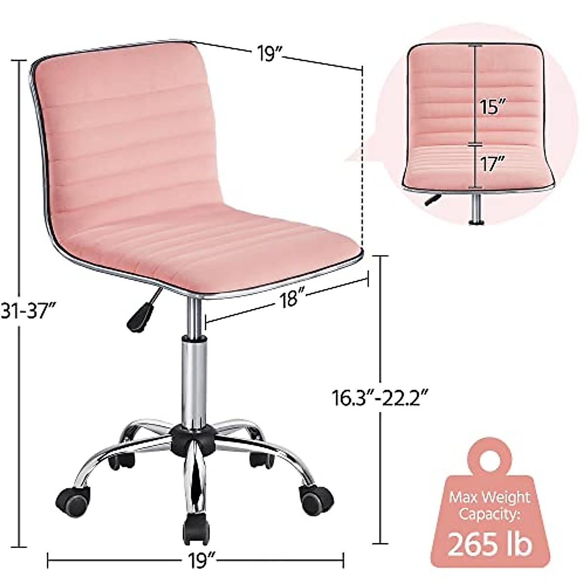 Yaheetech 2PCS Low Back Velvet Chairs Swivel Armless Desk Chair Ribbed Task Chair w/Lumbar Support, Wheels Apricot Pink