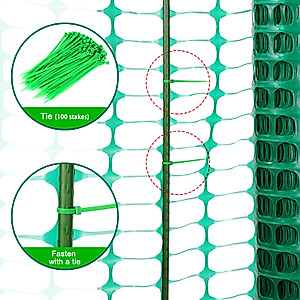 Temporary Garden Fence, Snow Fence, Plastic Safety Fence 4’ x100’ with 25 Steel Fence Stakes & Zip Ties –Temporary Fencing,Plastic Netting Mesh Barrier for Dogs Chickens, Small Animal and Plants