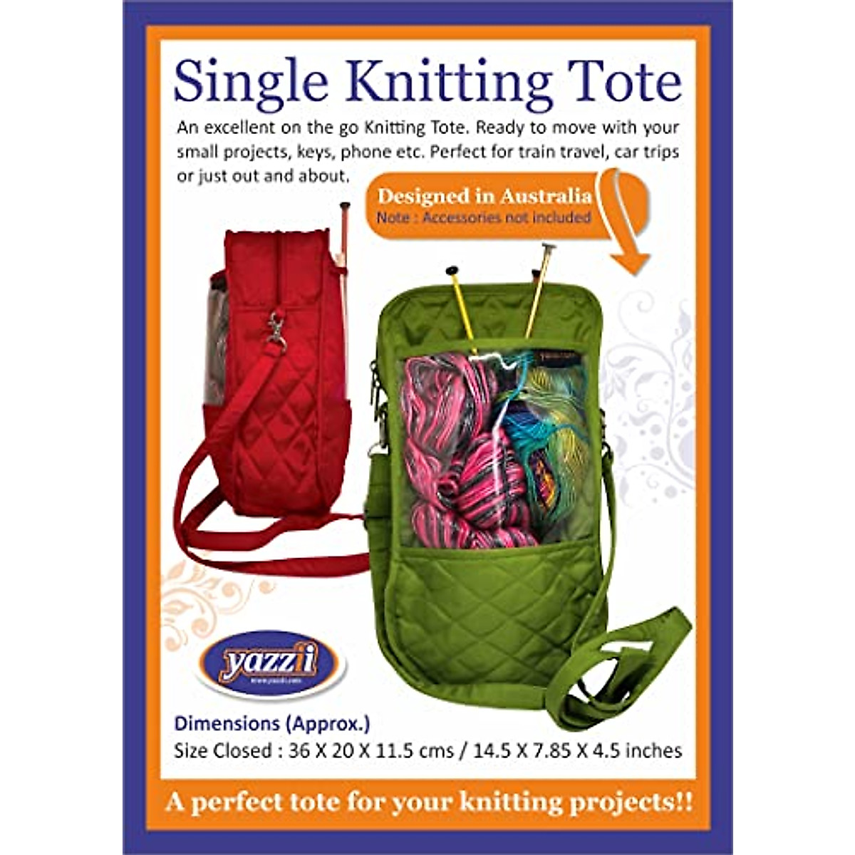 Yazzii Knitting Bag Tote & Yarn Storage Organizer - Yarn and Knitting Project Tote Bag - Stores Yarn, Knitting Needles, Crochet and Knitting Accessories - Green