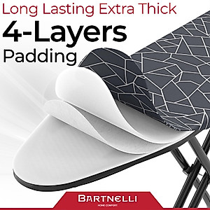 Bartnelli Ironing Board | Space-Saving and Ultimate Iron Board Experience 13x43 | Reinforced Steel Legs, Adjustable Height, 4-Layer Padding, Patent Folding System, with Convenient Iron/Steam Rest