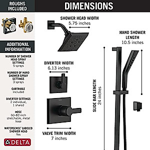 Delta Faucet Pivotal 3-Setting Matte Black Shower System Including Black Shower Head, Slide Bar Handheld Shower, Shower Handle, Shower Diverter and Shower Valve Kit, Delta Shower Trim Kit, Matte Black