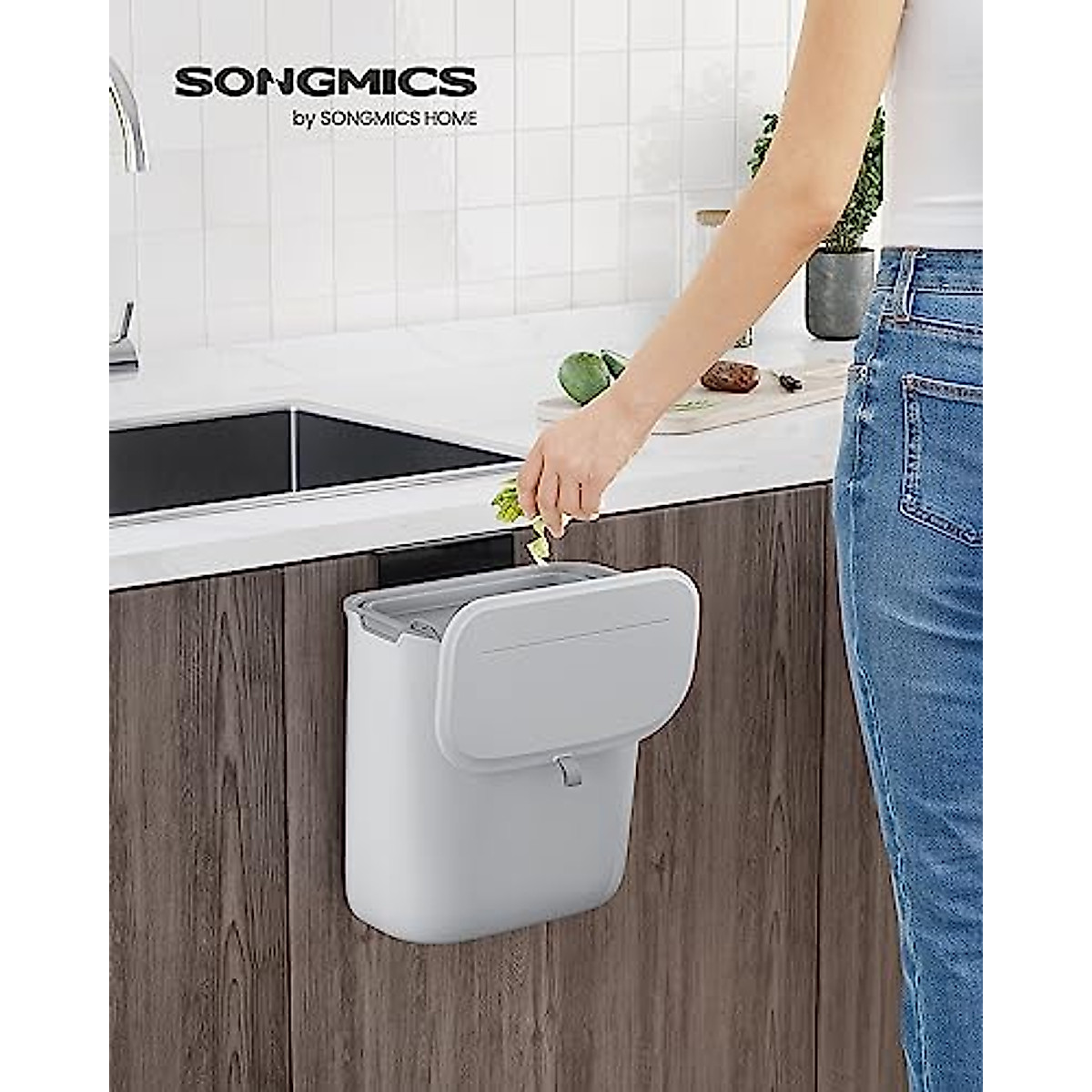 SONGMICS Hanging Trash Can, 2.4-Gallon Kitchen Trash Can with Lid for Food Waste, Wall Mounted Trash Can, Hanging or Sticking on Cupboard Door, for Kitchen Cabinet, Under Sink, Gray ULTB820G9