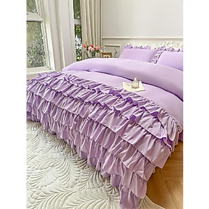 MOOWOO Girls Bedding,Waterfall Ruffle Duvet Cover -Twin 2 Piece Shabby Chic Bedding Solid Color Soft and Breathable with Zipper Closure,Corner Ties,Aesthetic Bedding-Purple,Twin